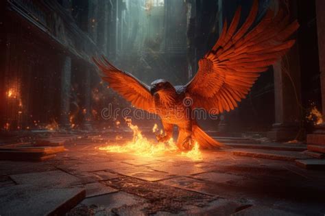 A Brilliant Fire Phoenix Facing Forward Flying Though A Brutalist Environment Generative Ai