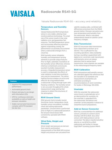Vaisala Rs41 Sg Radiosonde Overview Pdf Humidity Calibration