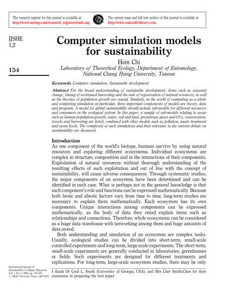Pdf Computer Simulation Models For Sustainability
