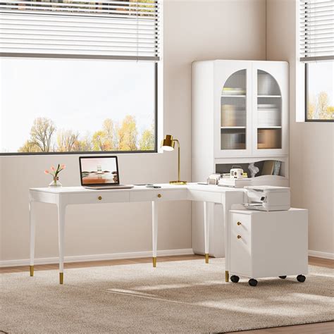 L Shaped Executive Office Desk With Adjustable Standing Desktop White