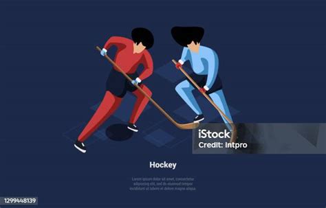 만화 3d 스타일의 벡터 일러스트레이션 쓰기와 어두운 배경에 등색 구성 하키를 연주하는 빨간색과 파란색 유니폼의 두 남성 캐릭터