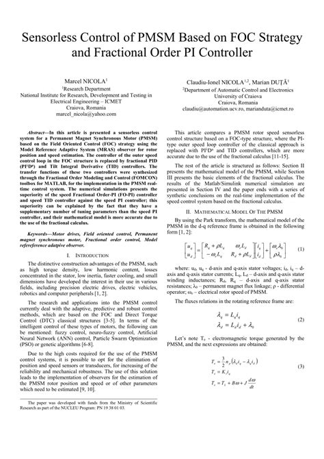 Pdf Sensorless Control Of Pmsm Based On Foc Strategy And Fractional
