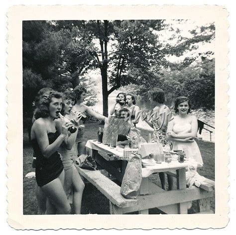 Swimsuit Young Ladies Licking Bottles Of Soda Pop 1950 Picnic Photo