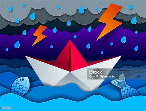 종이 접기 종이 배 뇌우 번개 바다와 하늘 종이 베인 스타일에 아름 다운 벡터 일러스트 레이 션에에서 구름의 매력적인 파도에