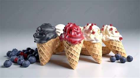 3d 아이스크림 모델 잘 익은 열매 3d 모델 미리보기 No 3 크림 쿠키 블루베리 레드 커런트와 초콜릿 칩 쿠키가 포함된 3d 렌더링 Ce 크림 콘 고화질 사진 사진