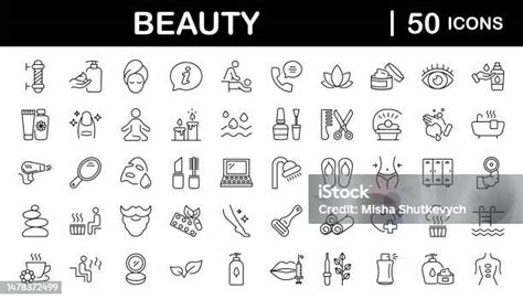뷰티와 스파는 선 스타일의 웹 아이콘 세트입니다 화장품 서비스 스파 웹 및 모바일 앱을위한 아이콘 스파 트리트먼트 스킨케어 마사지 히아루론산 세럼 안티에이징 모공타이트닝