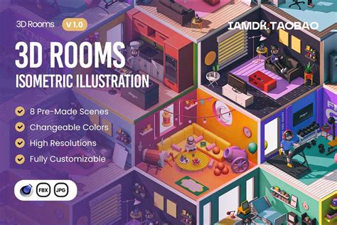 卡通创意人物办公生活锻炼医院厨房3d场景模型c4d Fbx 格式设计素材 Moorgan 3d Rooms Isometric Scenes V1 0