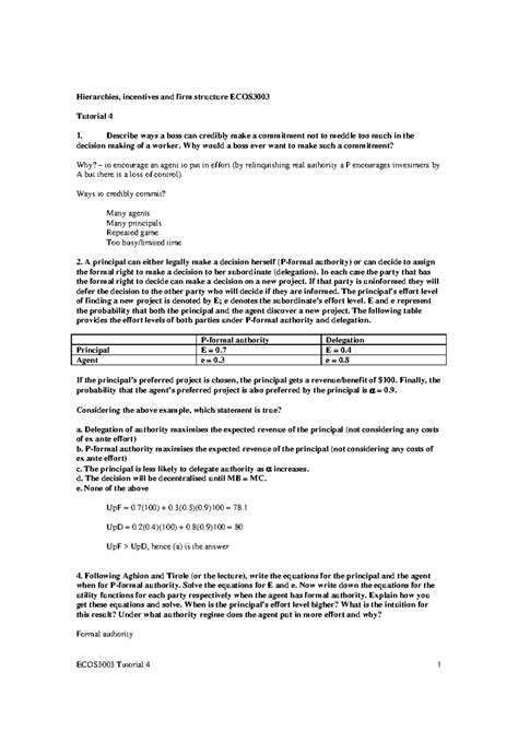 tutorial 4 answers hierarchies incentives and firm structure ecos