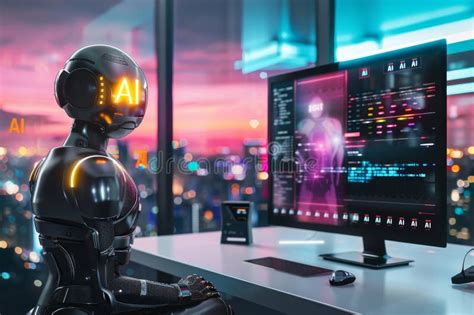 Robotic Figure In A Modern Office With Ai Interface Representing The Use Of Artificial