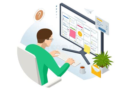 isometric project manager uses a laptop to update tasks and milestones