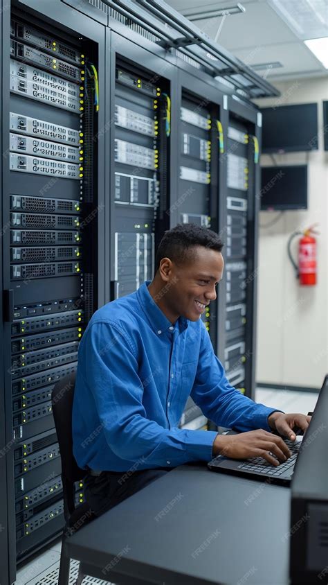 Laptop Server Room And Black Man On Network For Maintenance Programming Software Or Typing