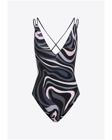 Pucci One Piece Swimsuit With Signature Print In Blue Lyst