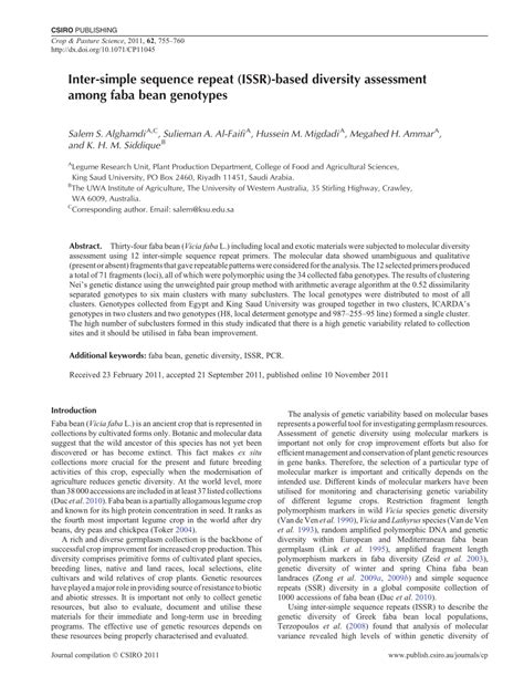 Pdf Inter Simple Sequence Repeat Issr Based Diversity Assessment Among Faba Bean Genotypes
