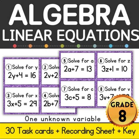 Algebra Solving Linear Equation With One Unknown Variable 30 Task Cards