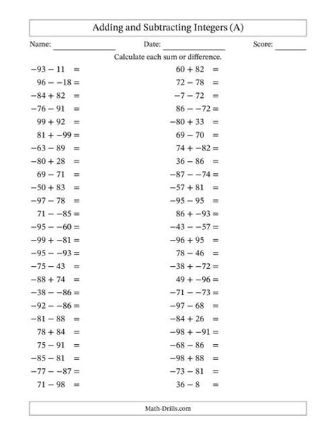 Adding And Subtracting Mixed Integers From 25 To 25 75 Questions Worksheets Library