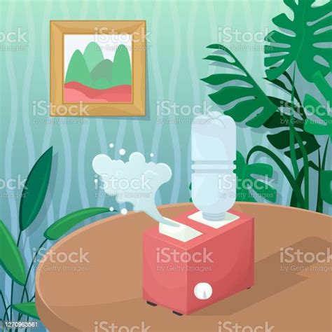 식물이있는 아늑한 방에 가습기가있는 벡터 일러스트레이션 집에서 건강한 기후 가습기에 대한 스톡 벡터 아트 및 기타 이미지