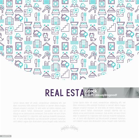 얇은 선 아이콘으로 부동산 개념 아파트 침실 키 엘리베이터 수영장 목욕탕 시설 현대 벡터 그림 웹 페이지 인쇄 매체에 대 한 선 아이콘에 대한 스톡 벡터 아트 및 기타