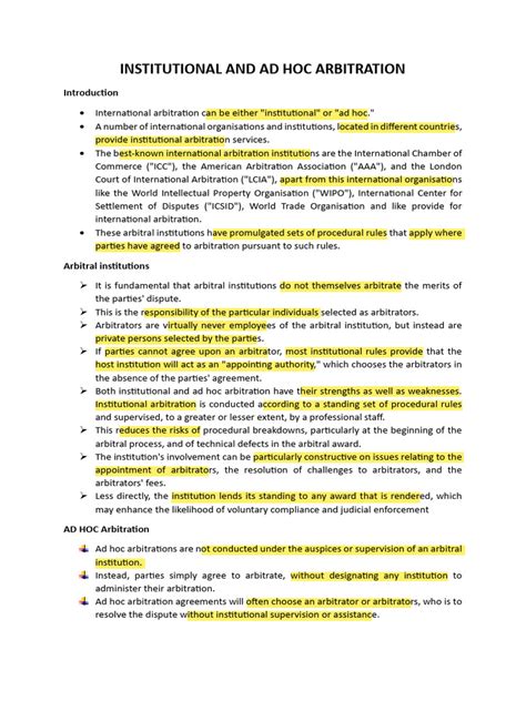 Institutional And Ad Hoc Arbitration Pdf Arbitration Civil Law Legal System