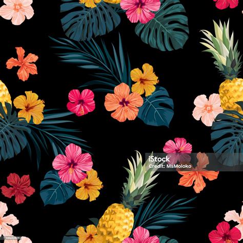 이국적인 야자수 잎 히비스커스 꽃 파인애플과 어두운 배경에 다양한 식물과 원활한 손으로 그린 열대 벡터 패턴 검은색에 대한 스톡 벡터 아트 및 기타 이미지 Istock