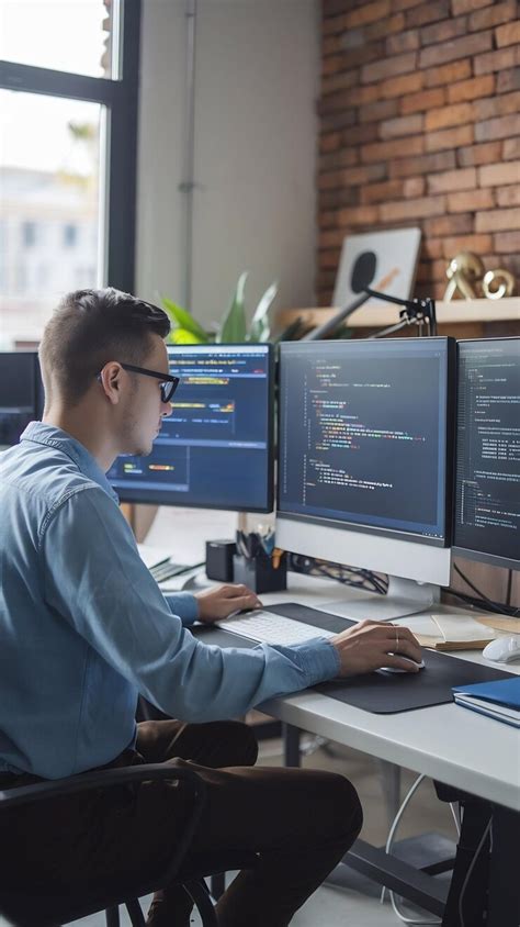 Professional Male Programmer Writing Code On Desktop Computer With Multiple Displays Setup In