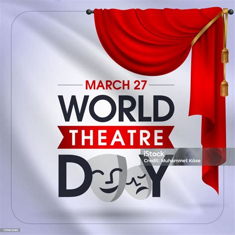 27 마트 두 야 티야롤라 구 귀 번역 3 월 27 일 세계 극장의 날 커튼 및 빨간 벨벳 커튼 연극 마스크와 장면 개념 인사말 카드 템플릿 벡터 일러스트입니다 3월에 대한