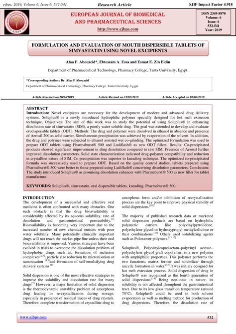 Pdf Formulation And Evaluation Of Mouth Dispersible Tablets Of Simvastatin Using Novel Excipients