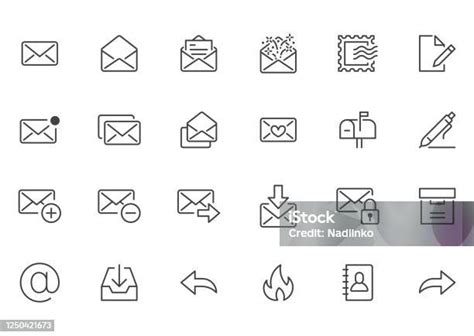 이메일 줄 아이콘 세트입니다 편지 스팸 메일 오픈 봉투 우표 사서함 새로운 문서 최소한의 벡터 일러스트레이션 웹에 대한 간단한 평면 윤곽선 표지판 픽셀 완벽한 편집 가능한