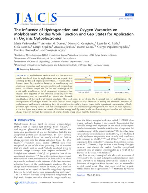 Pdf The Influence Of Hydrogenation And Oxygen Vacancies On Molybdenum Oxides Work Function And