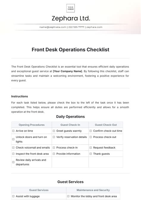 Free Hotel Front Desk Checklist Template To Edit Online