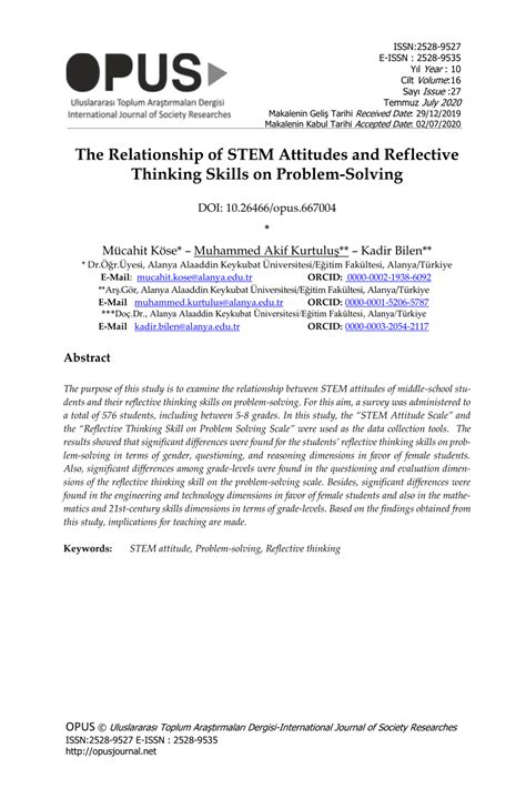 Pdf The Relationship Of Stem Attitudes And Reflective Thinking Skills On Problem Solving