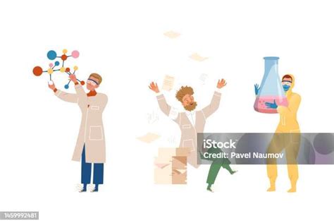 플라스크 종이 시트 및 분자를 가진 남자 과학자 캐릭터는 과학 연구 벡터 일러스트 레이 션 세트를 수행합니다 개념에 대한 스톡 벡터 아트 및 기타 이미지 Istock