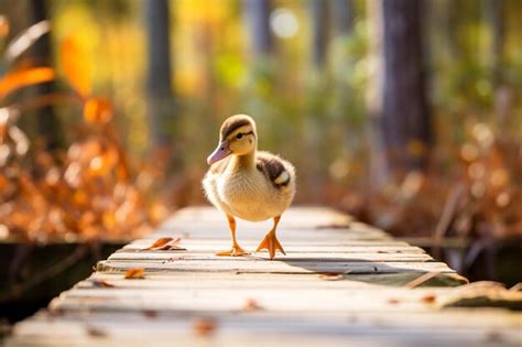 A Duck Waddling Along A Wooden Boardwalk Premium Ai Generated Image