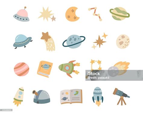 행성 로켓 망원경 책 별자리 위성 및 과학 요소를 특징으로 하는 천문학 스칸디나비아 스타일의 교육 탐험 세트는 일러스트레이션 및