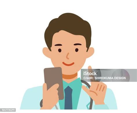 실험복을 입은 의사 남자 헬스케어 Conceptman 만화 캐릭터입니다 사람들은 프로필 아바타 및 아이콘에 얼굴을 맞춥니다 스마트폰을 사용하는 남자의 이미지를 닫습니다