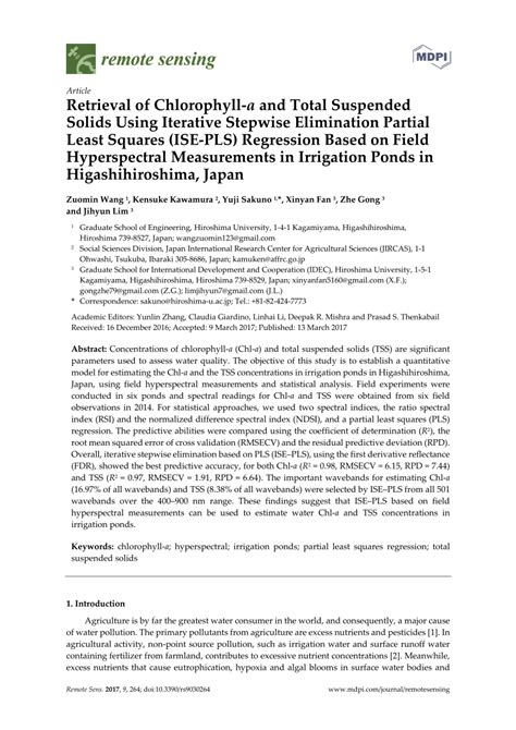 Pdf Retrieval Of Chlorophyll A And Total Suspended Solids Using Iterative Stepwise Elimination