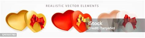 흰색 배경에 빨간색 금 활 발렌타인 빈 상자 하트 세트 기프트 박스를 엽니다 3d 사실적 벡터 현실적인 선물의 컬렉션은 플랫 레이 상단보기를 제공합니다 벡터 그림입니다 2