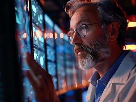 Focused Scientist Analyzing Data On Multiple Monitors In A Hightech