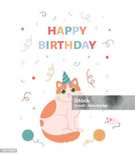 파티 모자에 귀여운 고양이와 함께 생일 축하 인사말 카드입니다 파티 축하 색종이 플랫 스타일의 벡터 그림 고양이 장난감에 대한 스톡 벡터 아트 및 기타 이미지 Istock