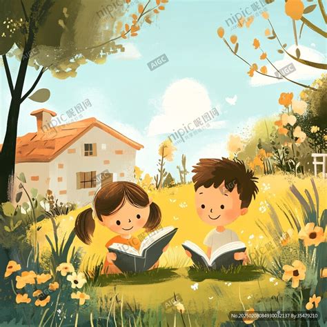 Ai创作图卡通读书场景 儿童看书插画 读书学习主题场景 课外读书 世界读书日校园 卡通学习场景 校园朗读背景 儿童读物插画 小学生课本插画