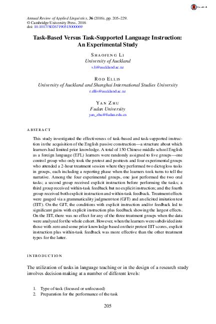 Pdf Li S Ellis R And Zhu Y 2016 Task Based Versus Task Supported Language Instruction