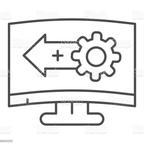 시스템 업그레이드 씬 라인 아이콘 소프트웨어 업데이트 모니터 기호에 화살표가있는 기어 흰색 배경에 스타일 그림 윤곽 모바일 개념 및 웹 디자인에 대한 기술 서명 벡터 그래픽