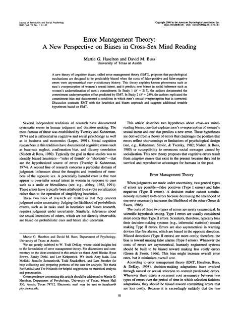 Pdf Error Management Theory A New Perspective On Biases In Cross Sex