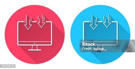 데스크톱 컴퓨터로 보내기 빨간색 또는 파란색 배경에 긴 그림자가 있는 둥근 아이콘 개념에 대한 스톡 벡터 아트 및 기타 이미지 개념 공유 개념 교환 Istock