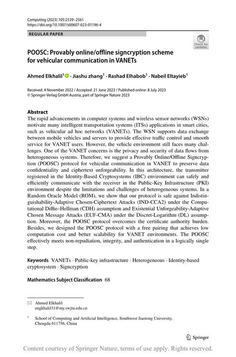 Poosc Provably Onlineoffline Signcryption Scheme For Vehicular