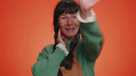 Young Nerd Woman Peering Into Distance Looks Around Expecting Searching Someone Hello