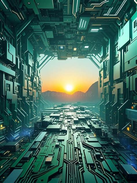 Digital Landscape Consisting Of A Glowing Green Sci Fi Sunrise Over A
