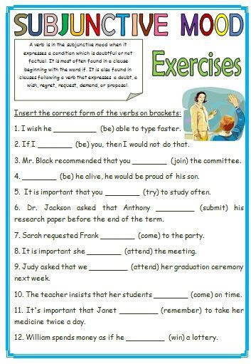 7 Free Subjunctive Mood Worksheets Teaching Verbs Middle School How