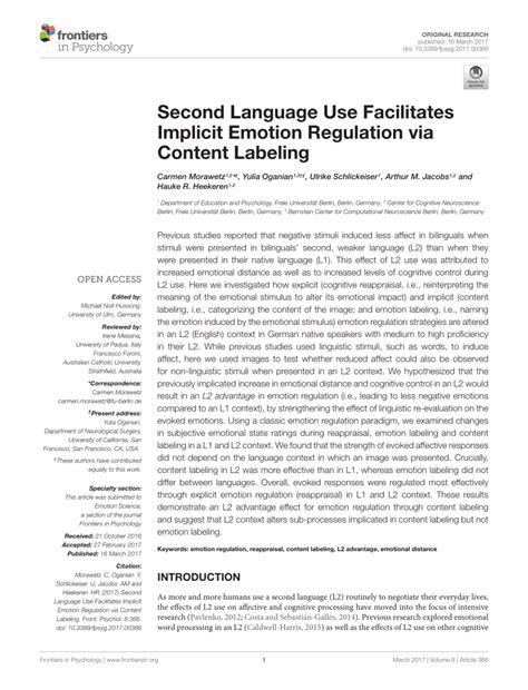 Pdf Second Language Use Facilitates Implicit Emotion Regulation Via Content Labeling