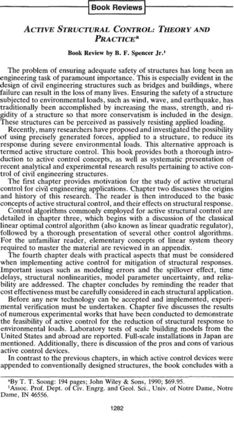 Active Structural Control Theory And Practice Journal Of Engineering Mechanics Vol 118 No 6