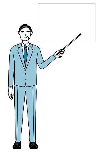 고위 사업가 임원 관리자 및 사장이 표시기 스틱으로 화이트보드를 가리키는 간단한 선 그리기 그림 일본 민족에 대한 스톡 벡터